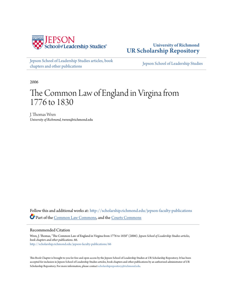 The Common Law of England in Virgina From 1776 To 1830 | PDF | Common ...