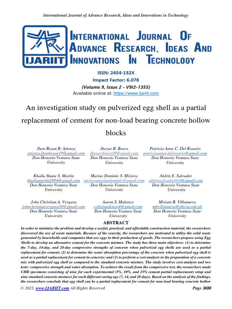 An Investigation Study On Pulverized Egg Shell As A Partial Replacement ...