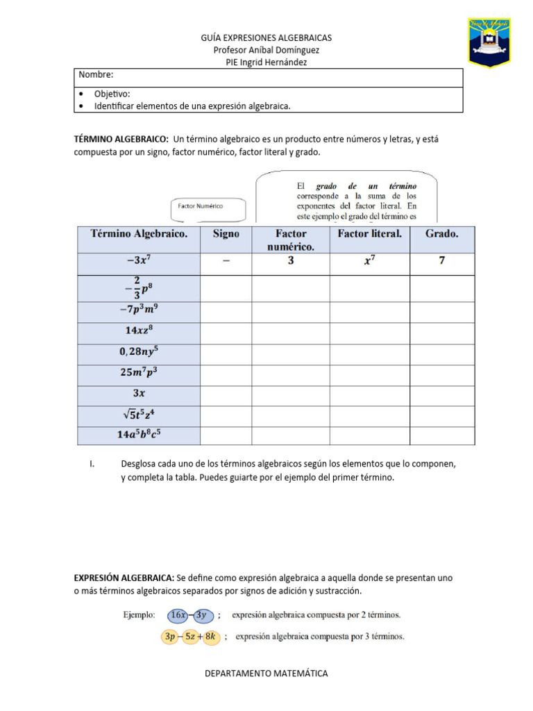 Guia Expresiones Algebraicas | PDF | Multiplicación | Fórmula