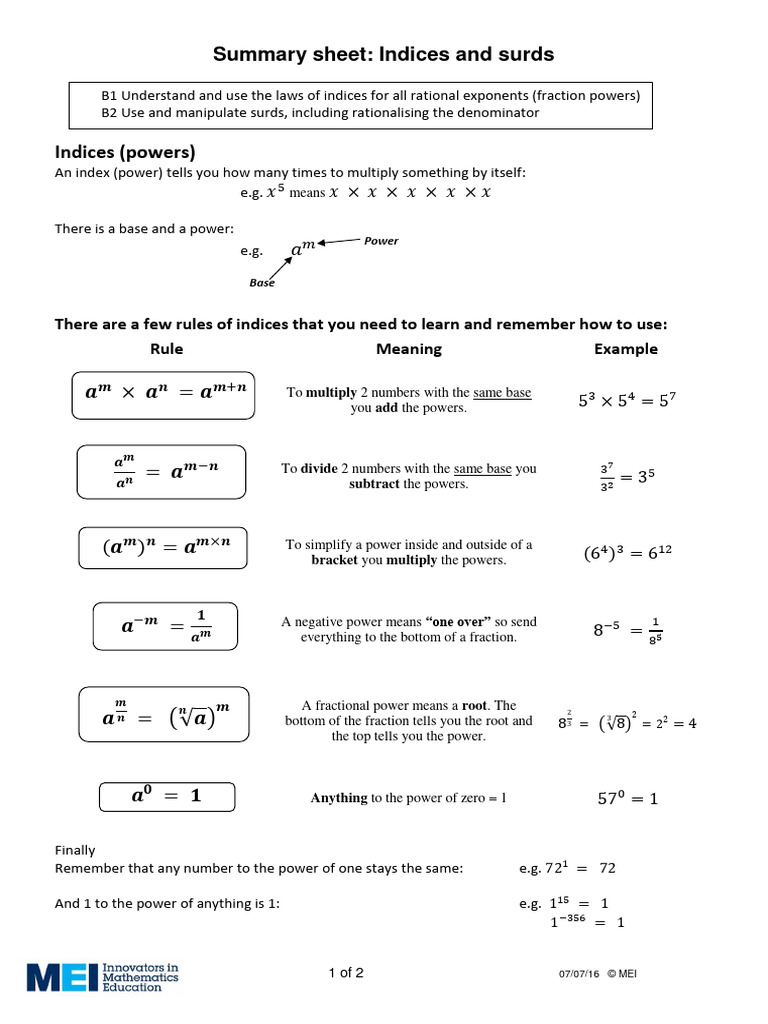 1 Surds and Indices | PDF | Multiplication | Mathematical Notation