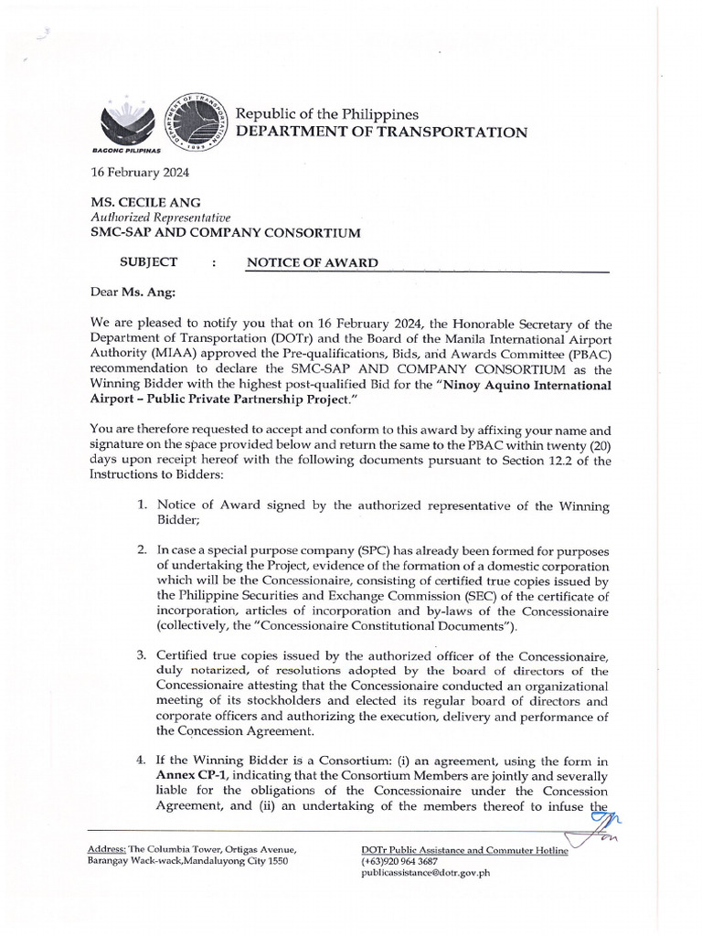 SGD BC 0564 LTR Smc-Sap and Company Consortium - Notice of Award | PDF