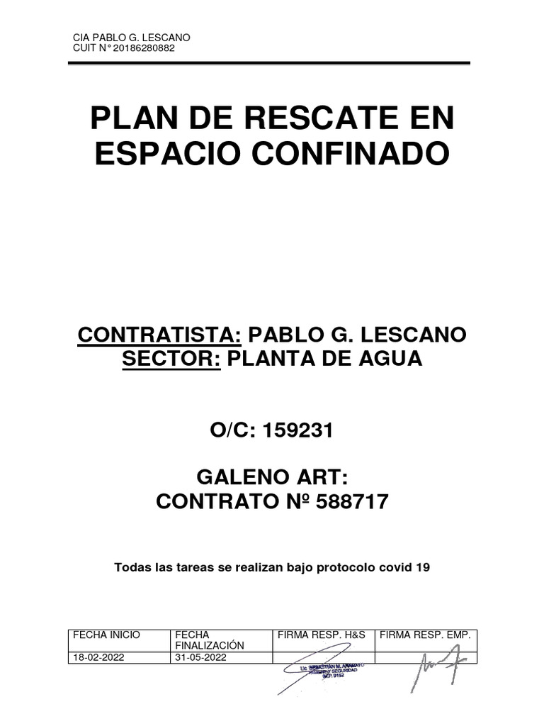 Plan de Rescate Confinado - Lescano | PDF | Seguridad y salud ocupacional