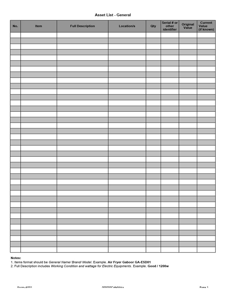 Asset List Form | PDF