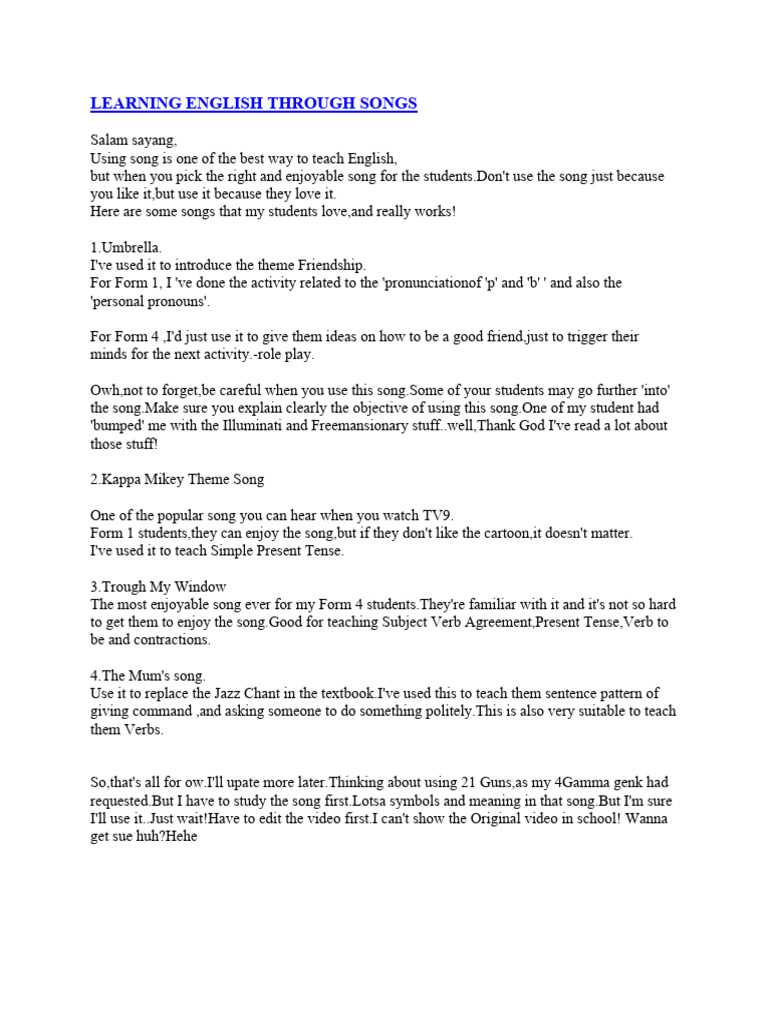 LEARNING ENGLISH THROUGH SONGS | PDF LEARNING ENGLISH THROUGH SONGS | PDF