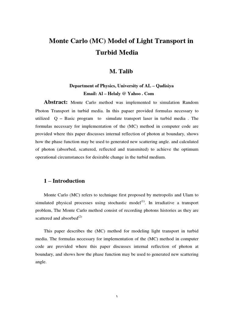 Monte Carlo (MC) Model of Light Transport in Turbid Media | PDF | Monte Carlo Method | Scattering