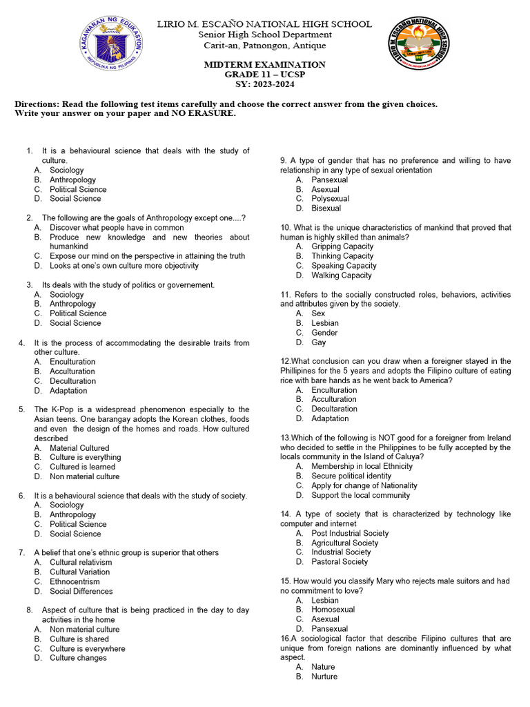 MIDTERM EXAMINATION IN UCSP 2023 2024 Final | PDF | Homosexuality | Human