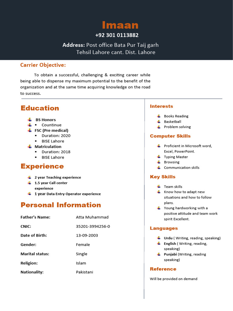 Resume: Imaan's Skills & Experience | PDF | Cognition