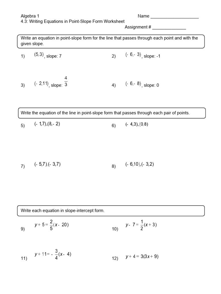 4.3 - Writing Equations in Point-Slope Form Worksheet | PDF | Teaching ...