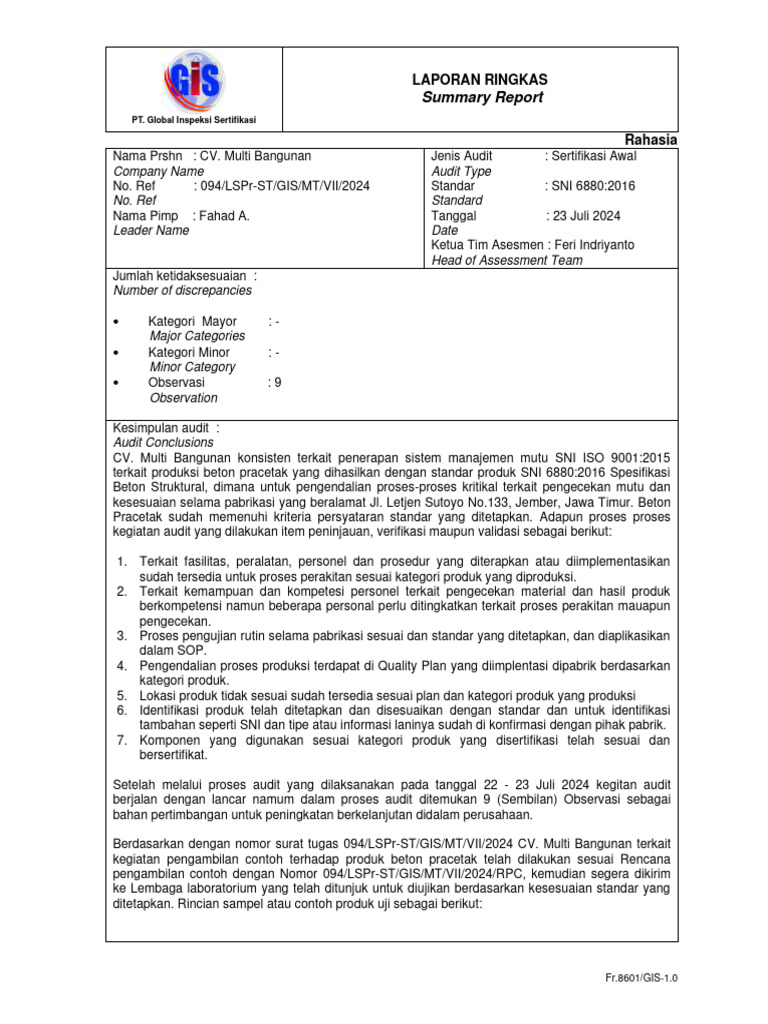 Fr.8601-Laporan Ringkas Precast | PDF