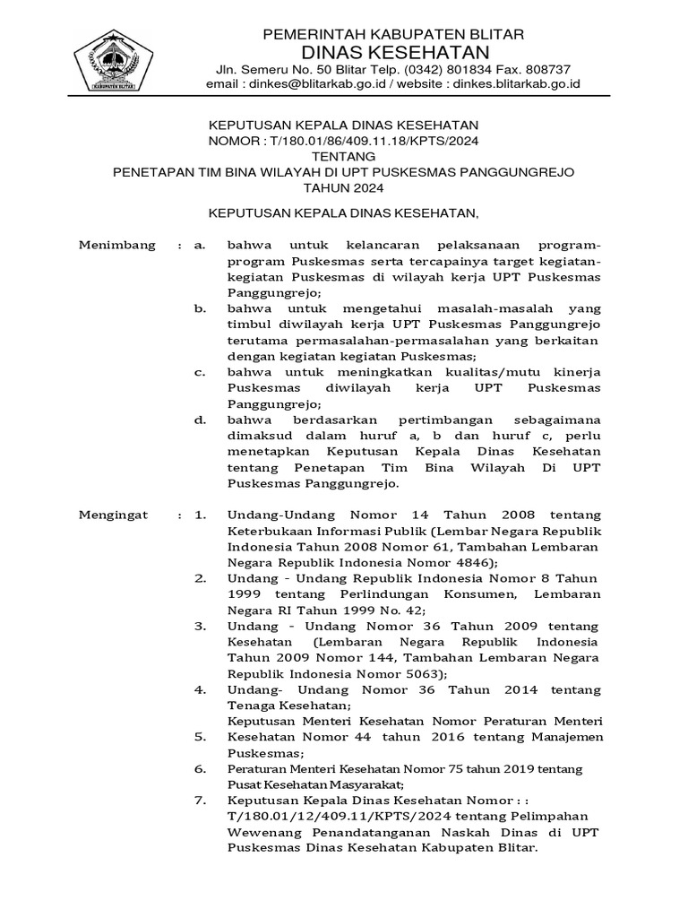 SK Penetapan Tim Bina Wilayah PKM Panggungrejo Tahun 2024 | PDF | Kesehatan Holistik | Sains ...