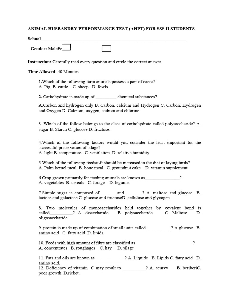 ANIMAL HUSBANDRY P and R TEST | PDF | Carbohydrates | Glucose