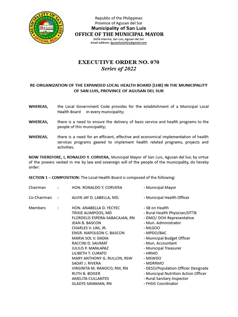 Executive Order 070 - Expanded Local Health Board | PDF | Governance ...