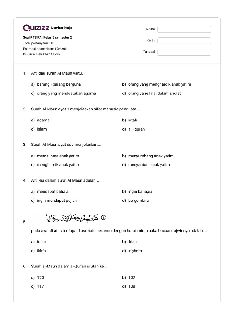 Soal PTS PAI Kelas 5 Semester 2 - Quizizz | PDF