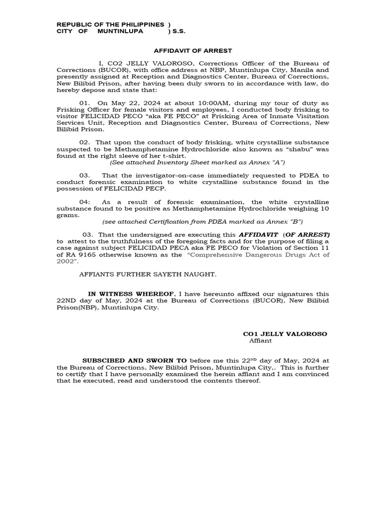 Affidavit of Arrest Sample | PDF