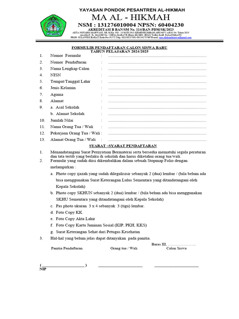Formulir Pendaftaran Siswa Baru MTs | PDF