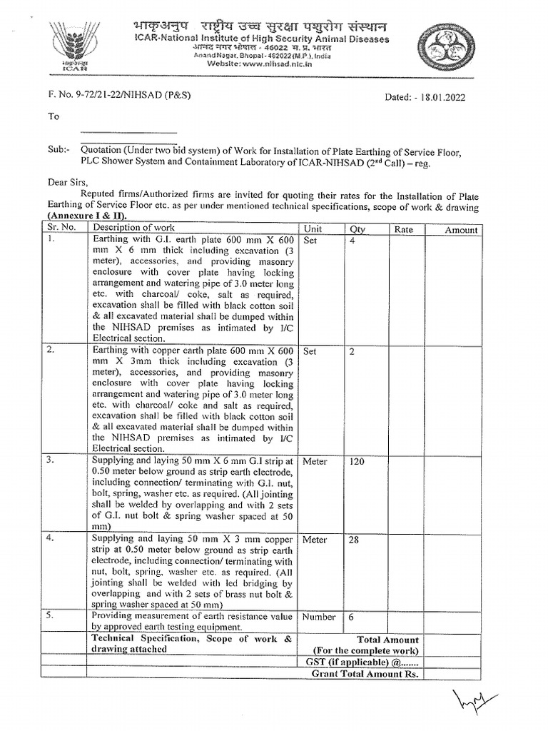 Quotation For Installation of Plate Earthing of Service Floor | PDF