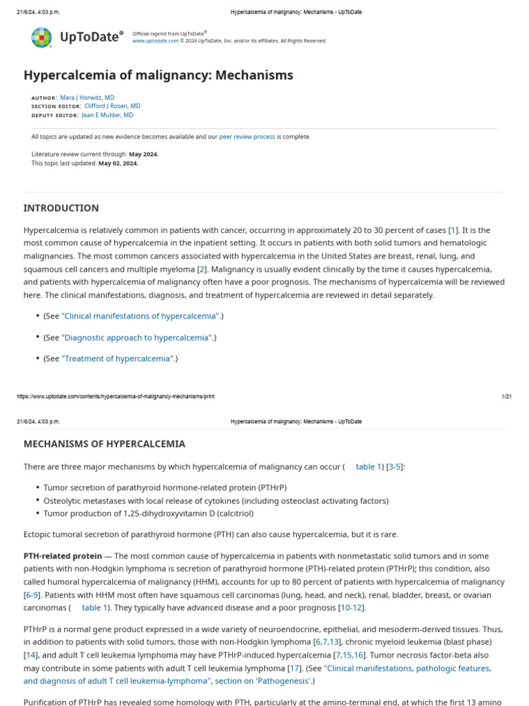 Hypercalcemia of Malignancy - Mechanisms - UpToDate | PDF | Bone | Metastasis