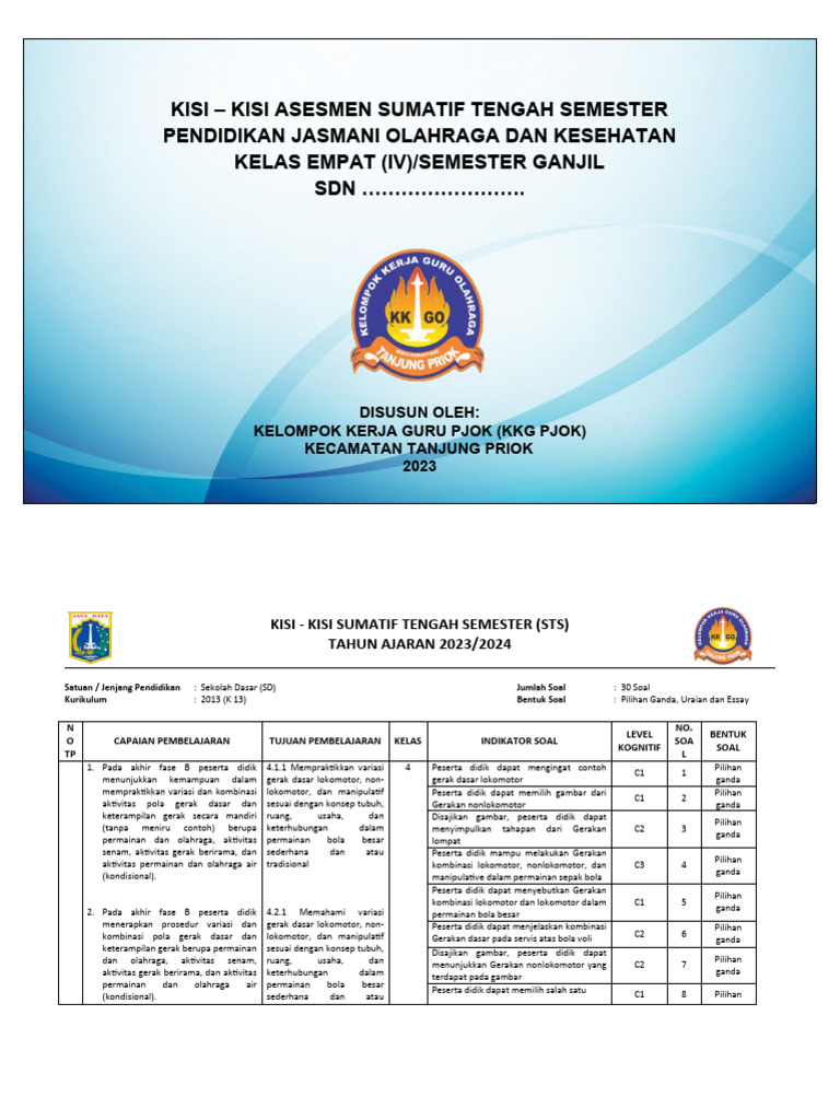 Kisi-Kisi ASTS Ganjil PJOK Kelas 4 | PDF