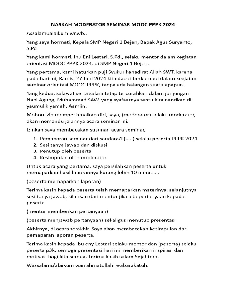 Naskah Moderator Seminar Mooc PPPK 2024 | PDF