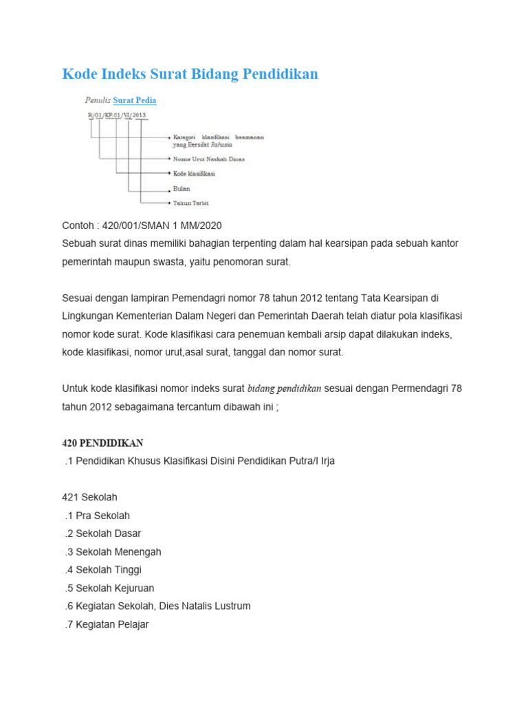 Kode Indeks Surat Bidang Pendidikan | PDF