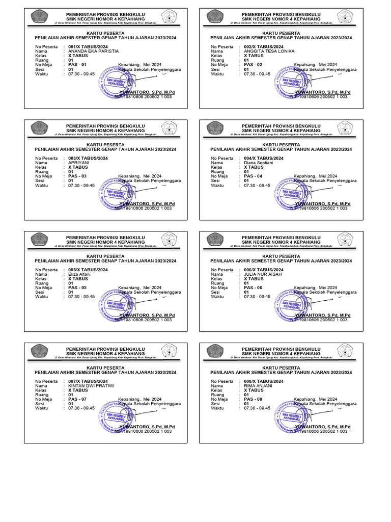 Kartu Ujian Semester Genap 2024 Edit | PDF