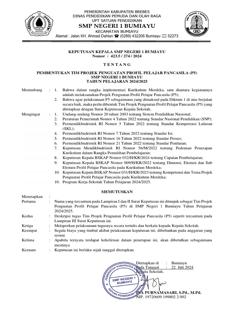 SK Pembentukan Tim P5 SMPN 1 Bumiayu | PDF