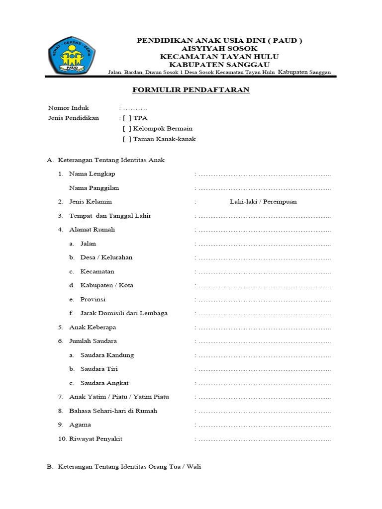Contoh Formulir PPDB PAUD | PDF