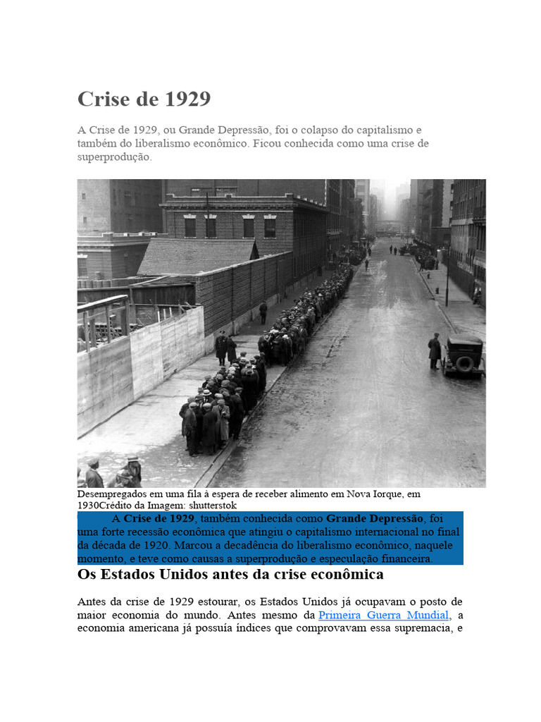 A Crise De 1929 Pdf A Grande Depressão Os Estados Unidos