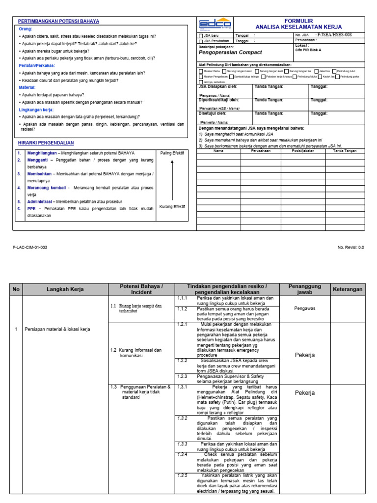 F-JSEA-HSES-008 Formulir JSA - Pengoperasian Compact | PDF