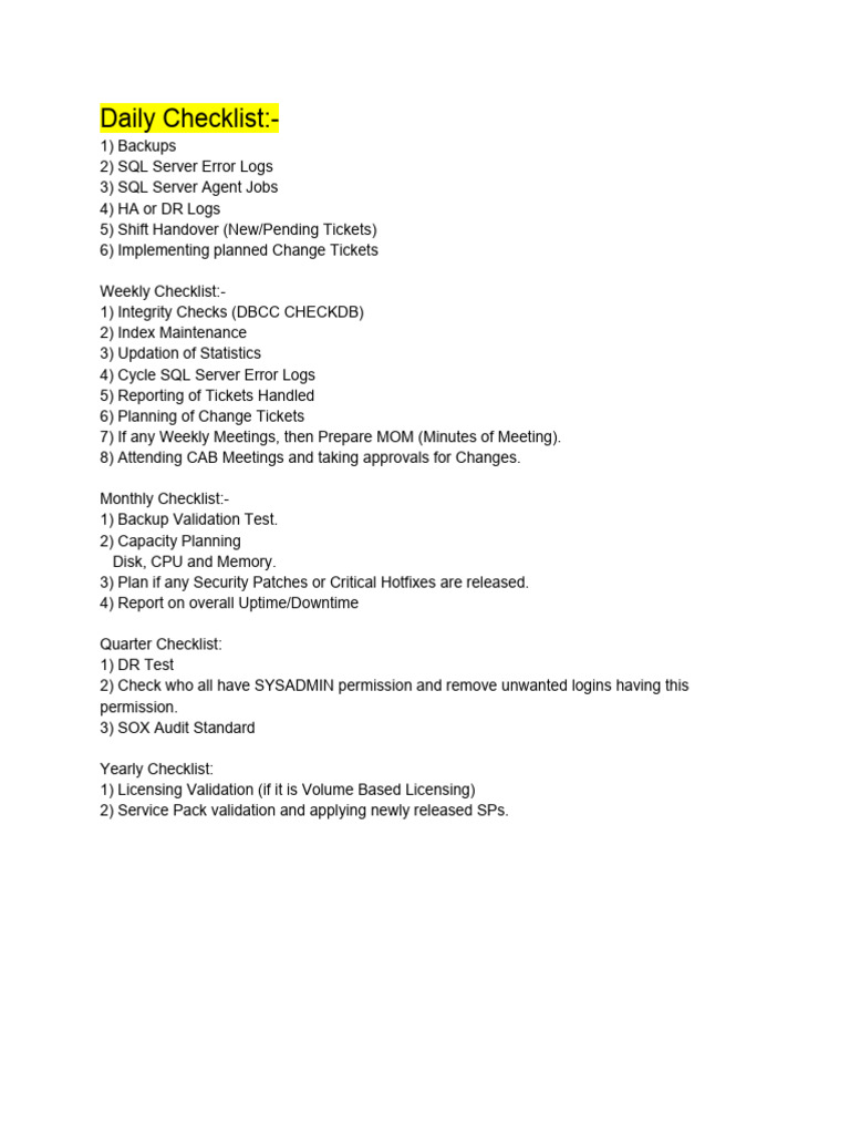 June-19 Daily Checklist For Interview | PDF | Microsoft Sql Server | Databases