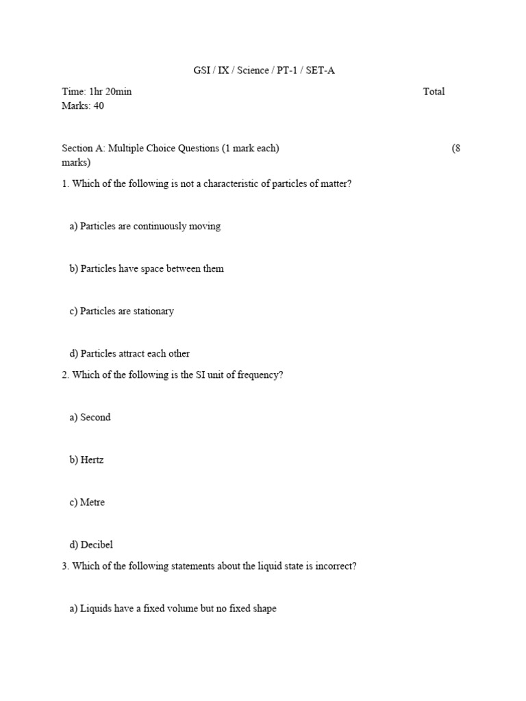 Kushagra - QuestionPaper Set-1 | PDF | Sound | Liquids
