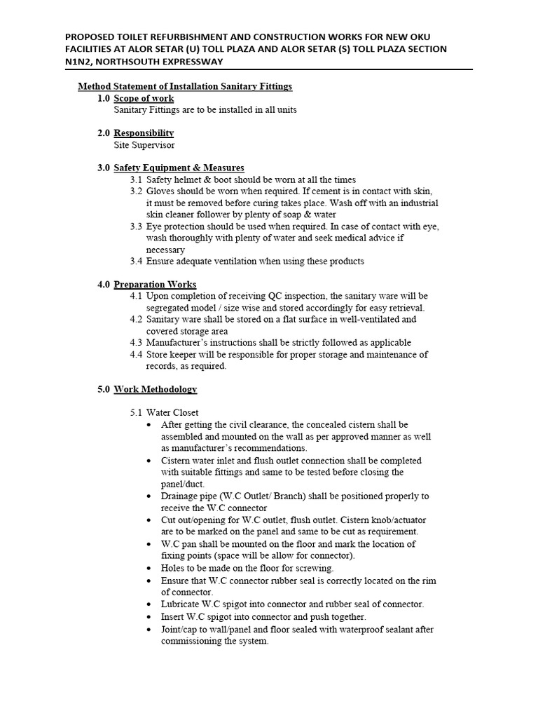 Method Statement of Installation Sanitary Fittings | PDF | Electrical ...