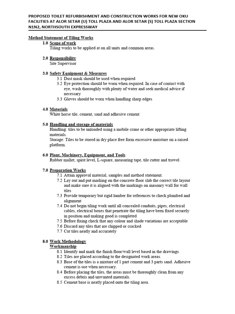 Method Statement of Tiling Works | PDF | Materials | Building Engineering