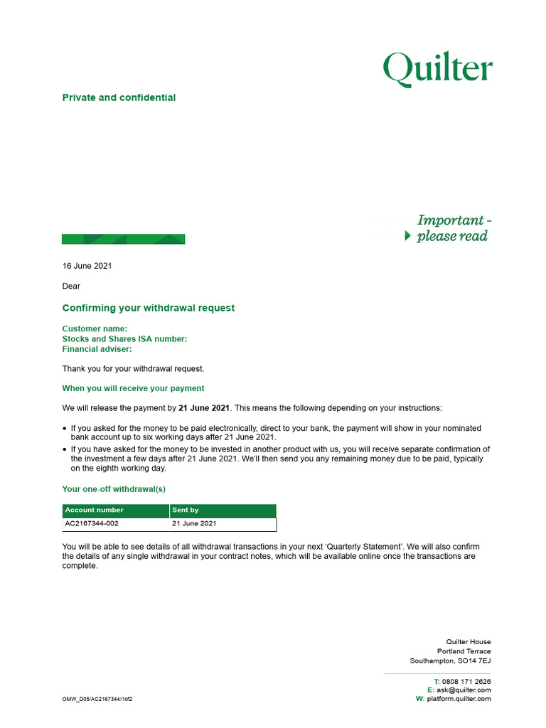 Withdrawal Confirmation Letter | PDF | Investing | Private Sector