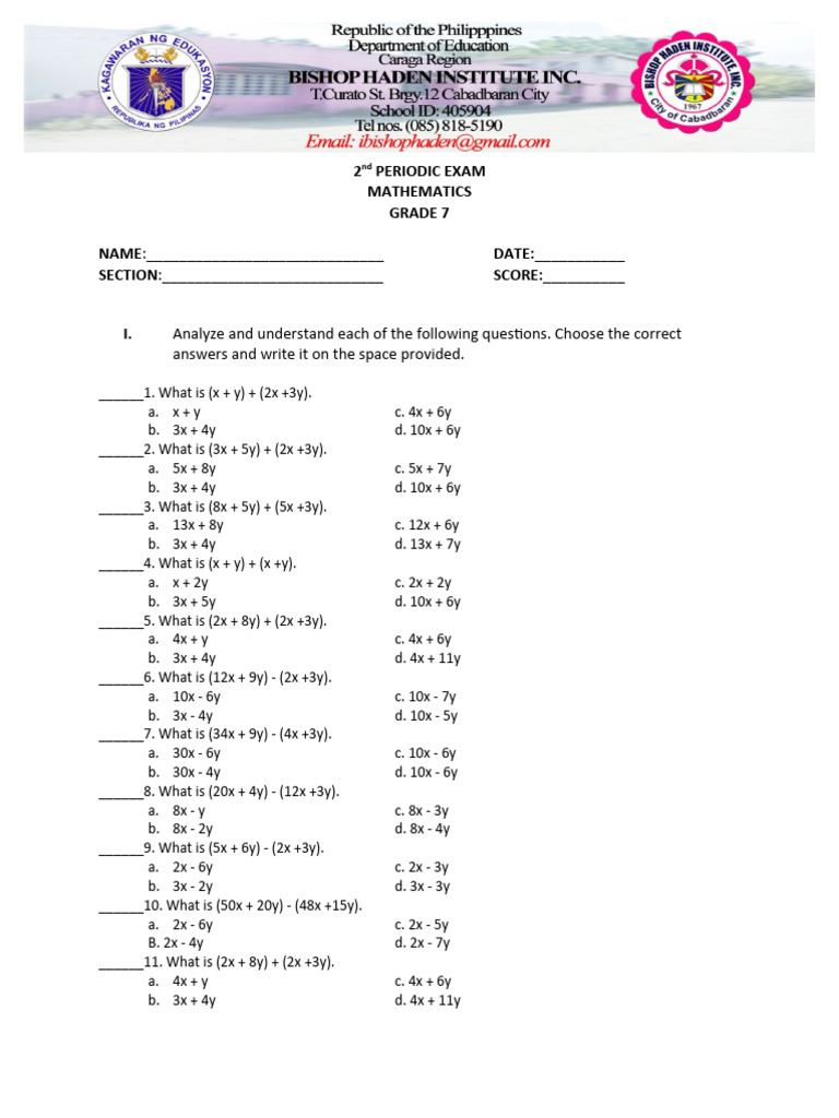 G7 2nd periodic exam in math | PDF | Mathematics | Algebra