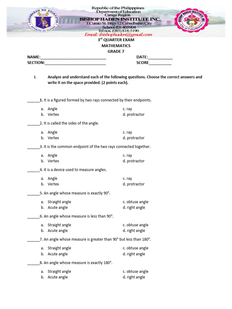 G7 3rd Periodic Exam in Math | PDF | Angle | Line (Geometry)