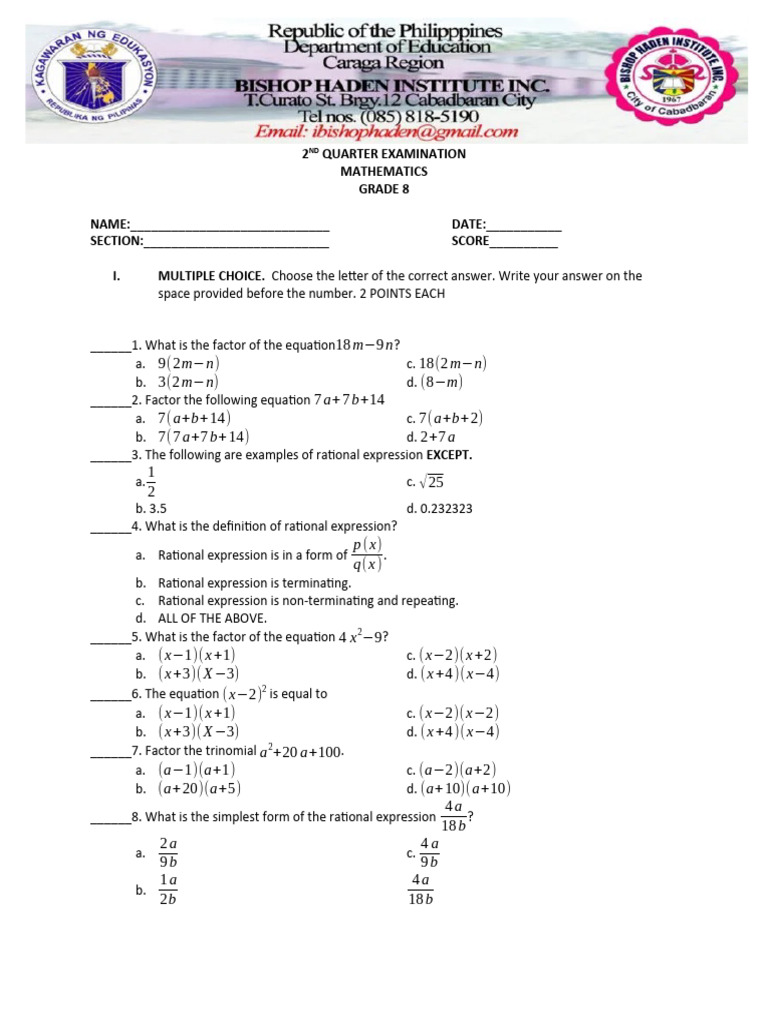 G8 1st Periodic Exam in Math | PDF | Equations | Numerical Analysis