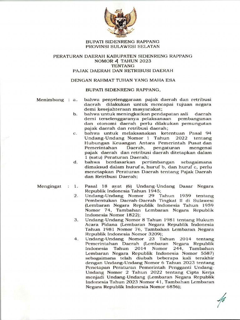 PERDA-No 4 Tahun 2023-Pajak Daerah Dan Retribusi Daerah | PDF