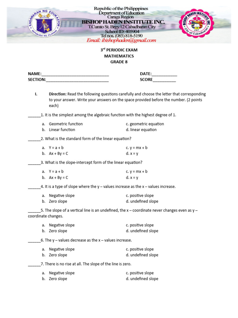 G8 3rd Quarter Exam in Math | PDF | Line (Geometry) | Slope