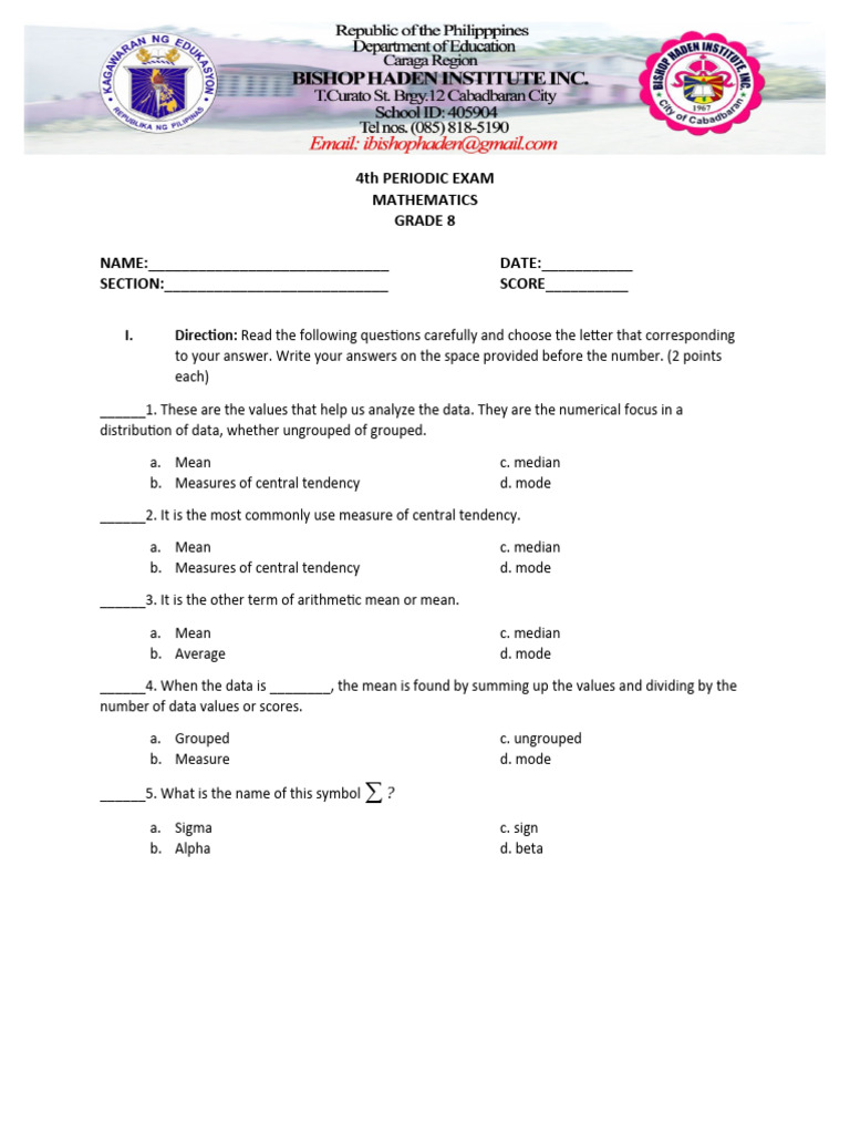 G8 4th Quarter Exam in Math | PDF