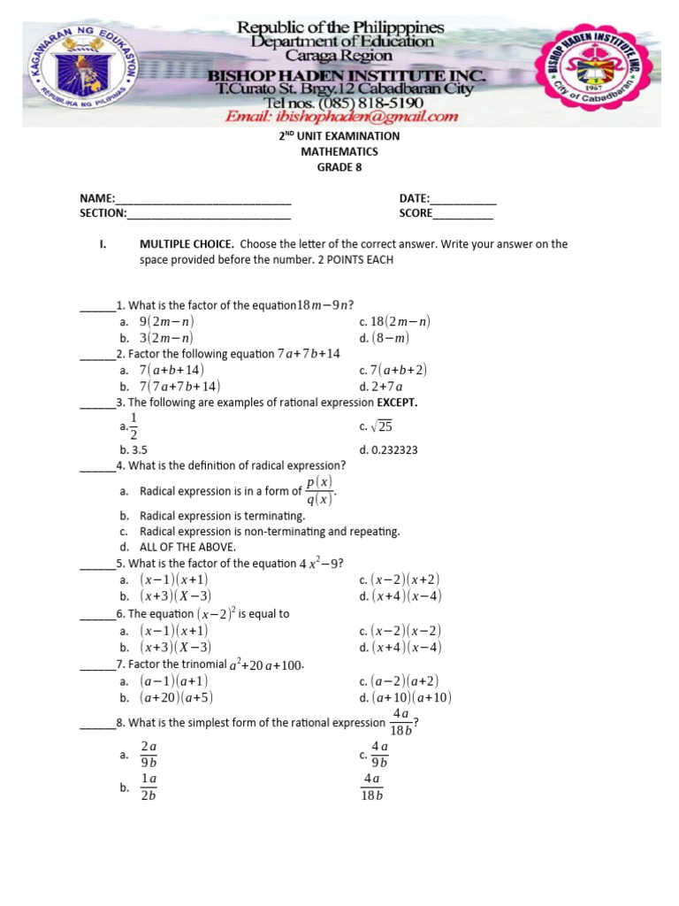 G8 Math 2nd Unit Exam | PDF | Mathematics | Mathematical Objects