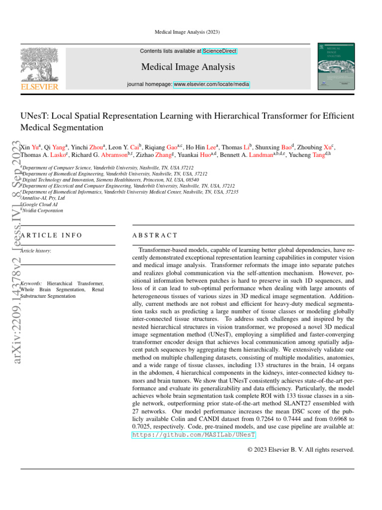 UNesT - Local Spatial Representation Learning With Hierarchical Transformer For Efficient ...