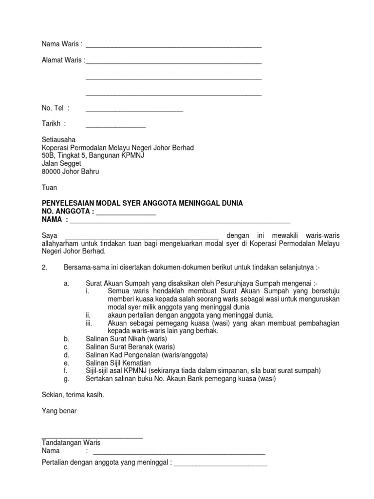 Borang Penyelesaian Modal Syer Waris | PDF | Hukum