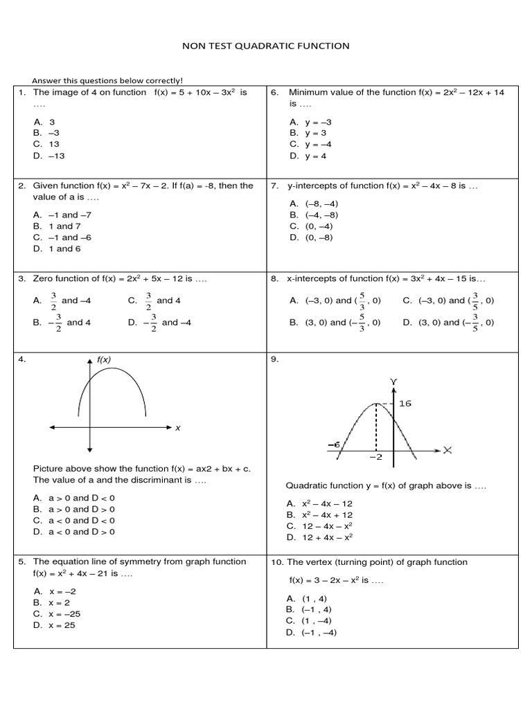 Quadratic Function Quiz Questions | PDF | Quadratic Equation | Algebra