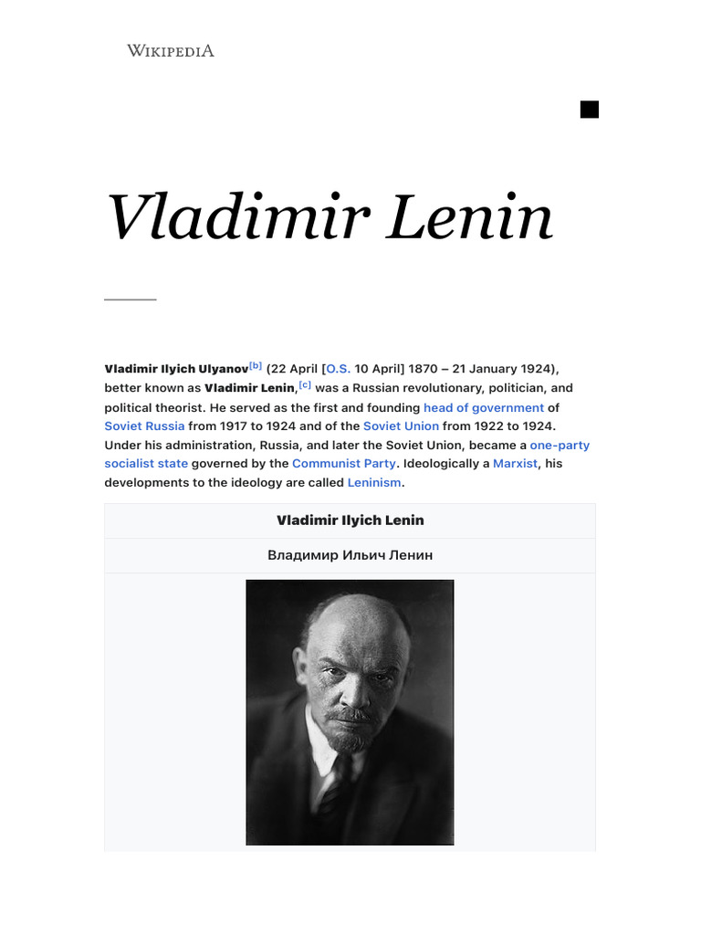 Vladimir Lenin - Wikipedia | PDF | Vladimir Lenin | Bolsheviks