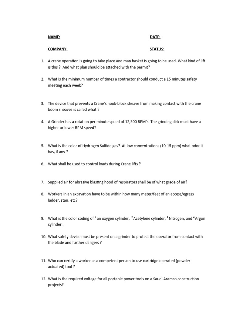 Aramco Safety Questionnaire-Test | PDF | Scaffolding