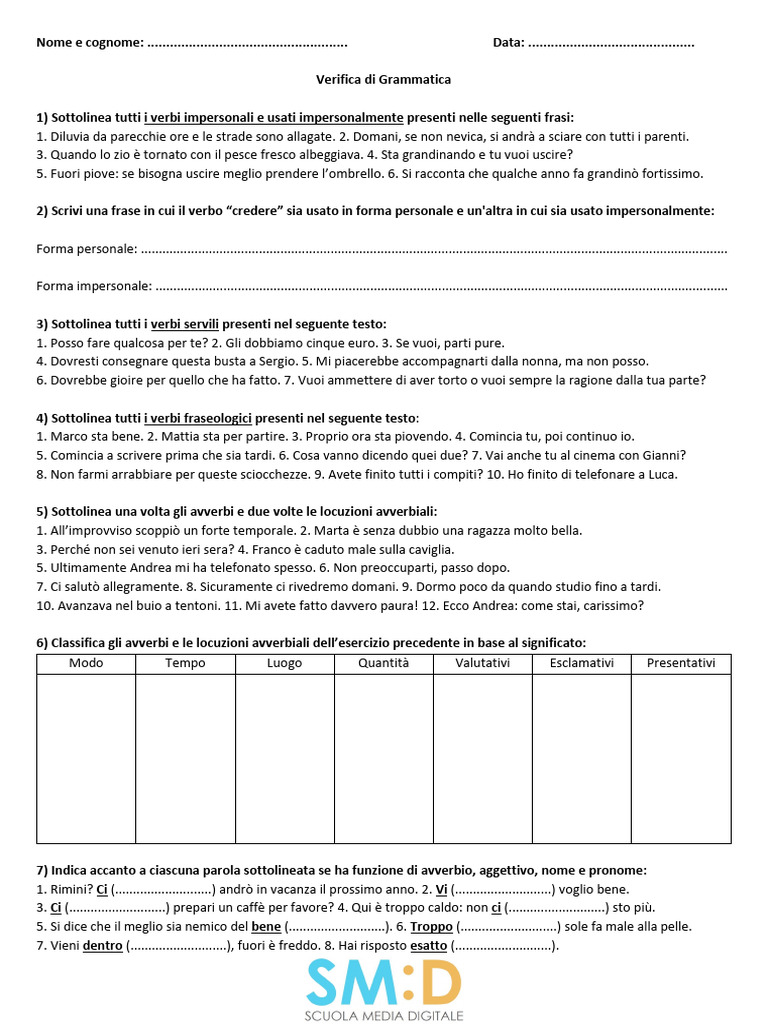 Morfologia - Verbo - Verifiche - Verbi Impersonali, Servili ...