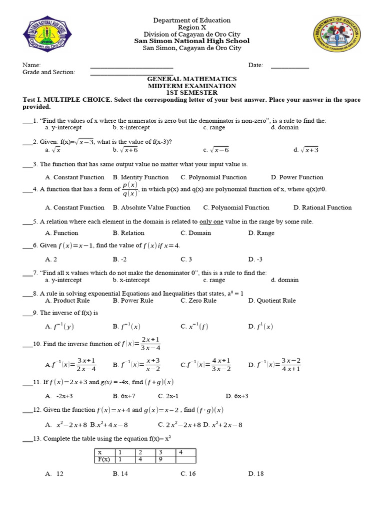 Gen Math 11 1st Quarter Exam | PDF | Function (Mathematics ...
