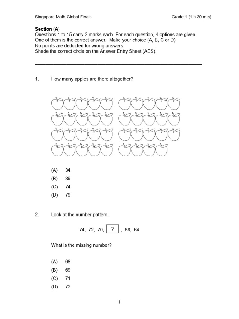 Grade 1 Singapore Math Global Finals | PDF | Mathematics