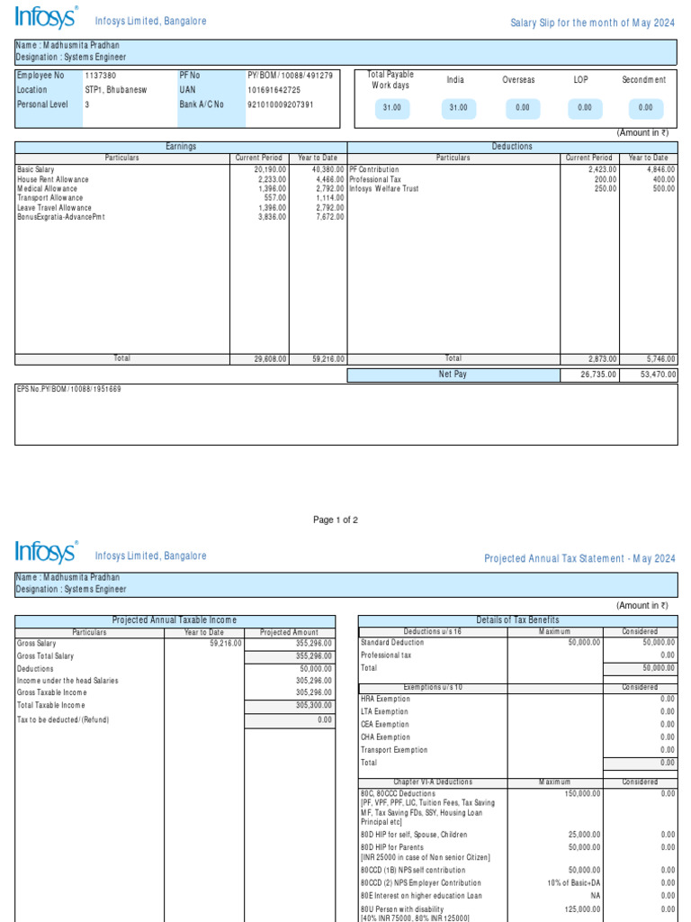 Infosys Salary Slip - May 2024 | PDF | Tax Deduction | Taxes